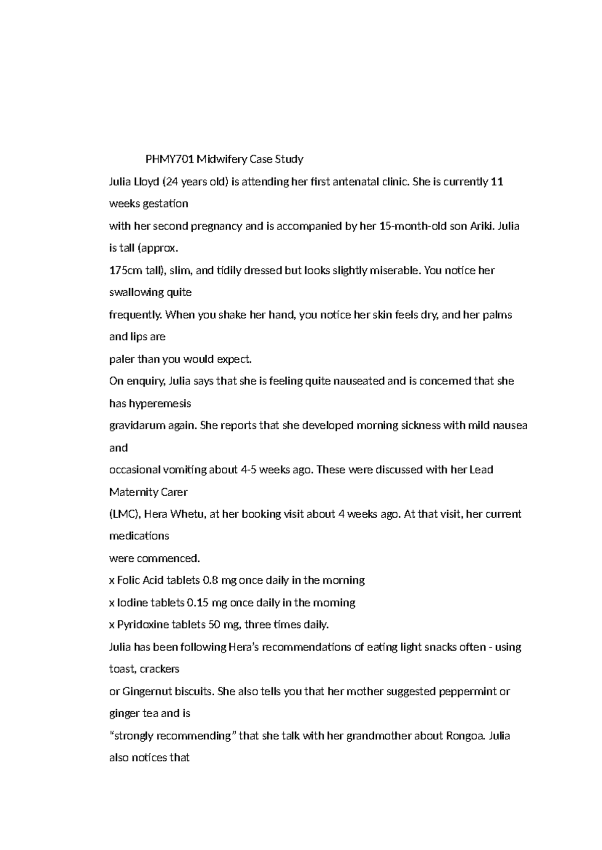 PHMY701 Midwifery Case Study: Managing Hyperemesis Gravidarum in Julia ...