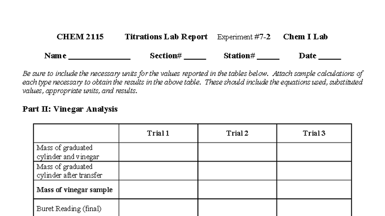 CHEM 2115 Titration Lab Report: Vinegar & Antacid Analysis - Studocu