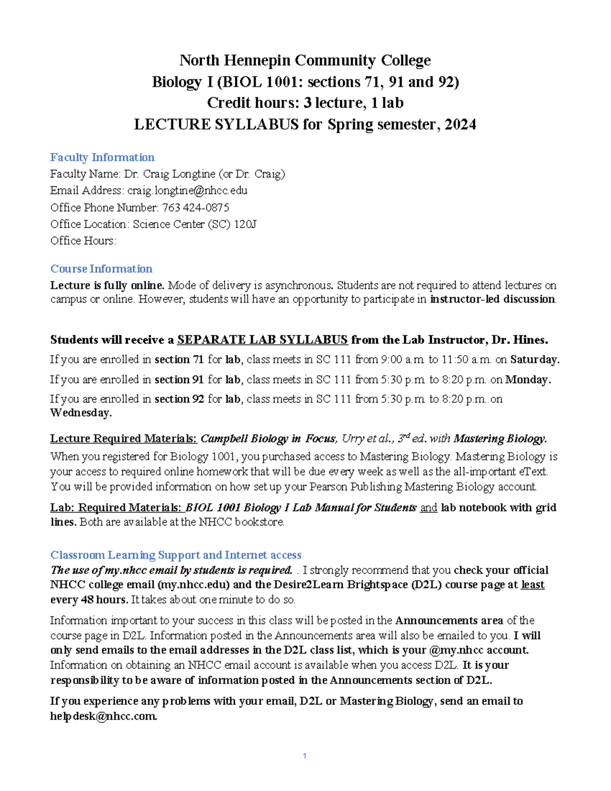 Biology 1001 Lecture Syllabus for Sections 71, 91, and 92 - Spring 2024 ...