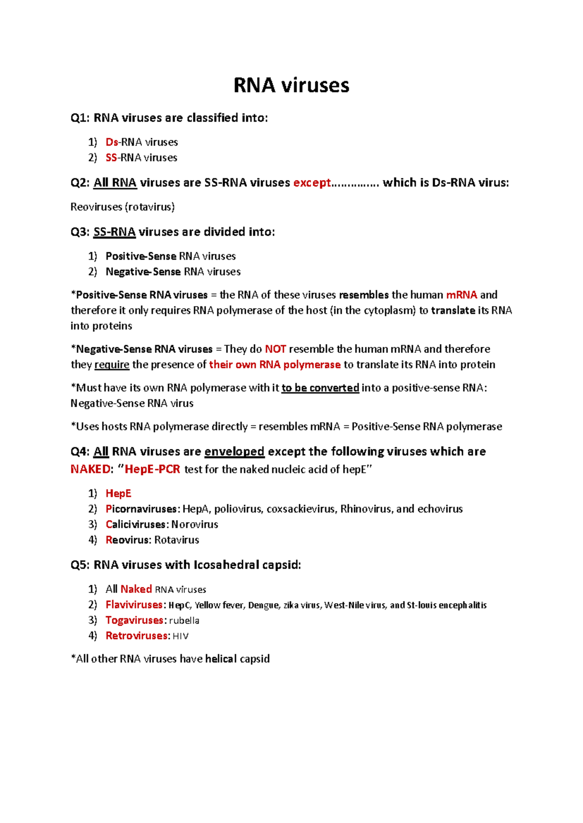 RNA Viruses Overview - Practice Questions & Key Concepts - Studocu