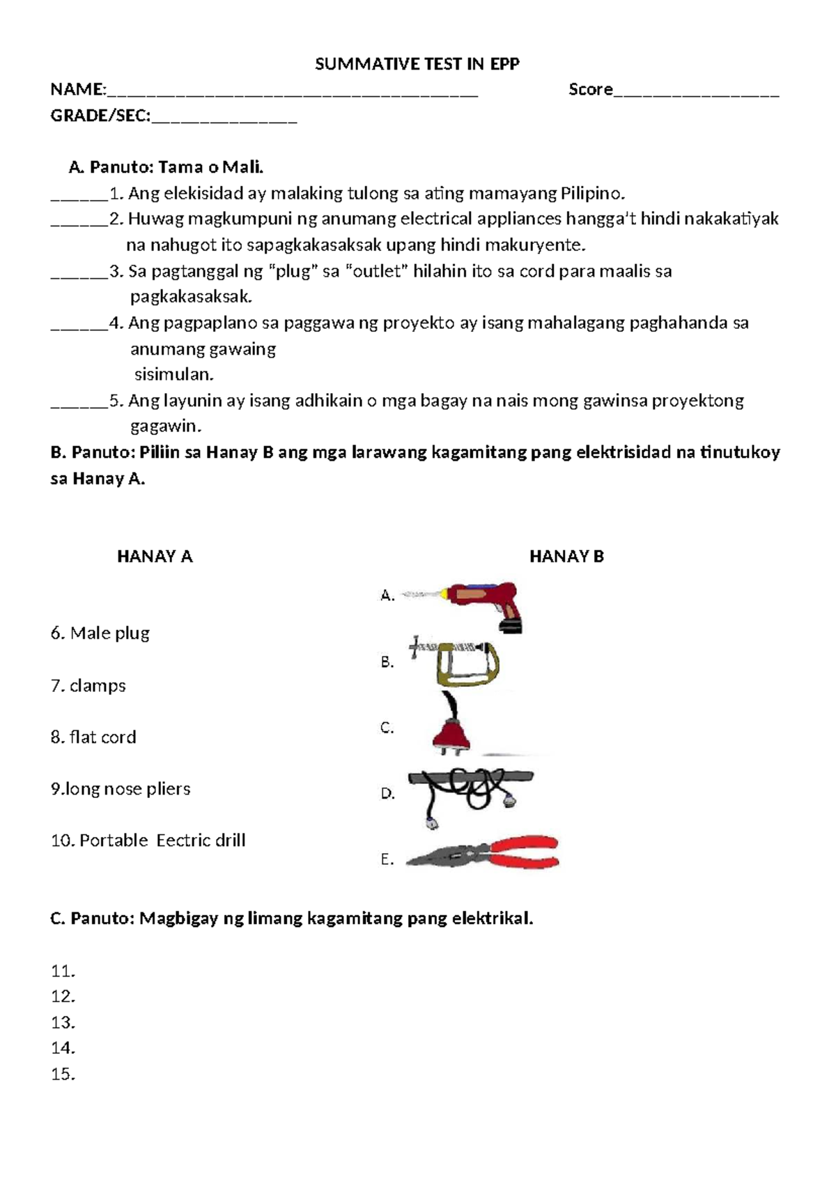 Summative Test in EPP: Electrical Tools and Safety Guidelines - Studocu