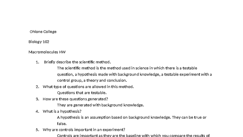 Ohlone College Biology 102 Final Exam: Macromolecules Overview - Studocu
