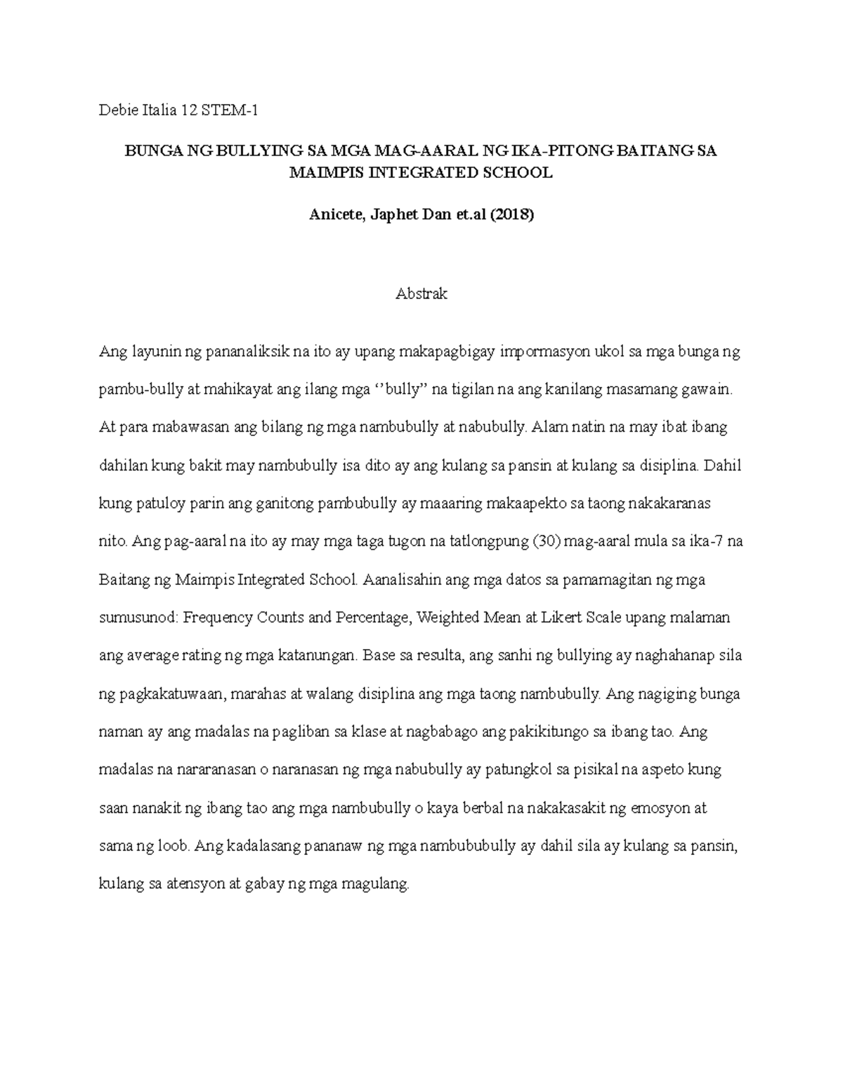 Bunga ng Bullying sa Maimpis Integrated School: Isang Pananaliksik ...