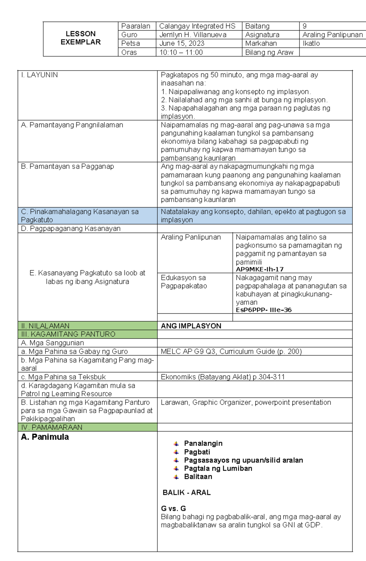 G9-Q3- Implasyon - Lesson Exemplar for Grade 9 Araling Panlipunan - Studocu