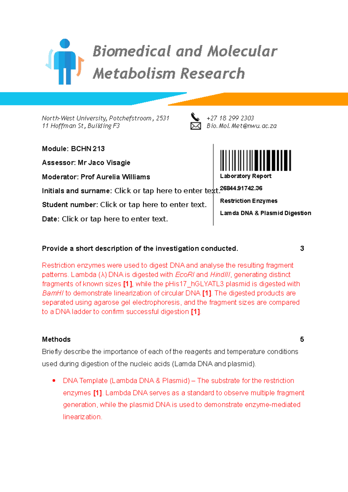 BCHN 213 - Practical Report on Restriction Enzyme Digestion Analysis ...