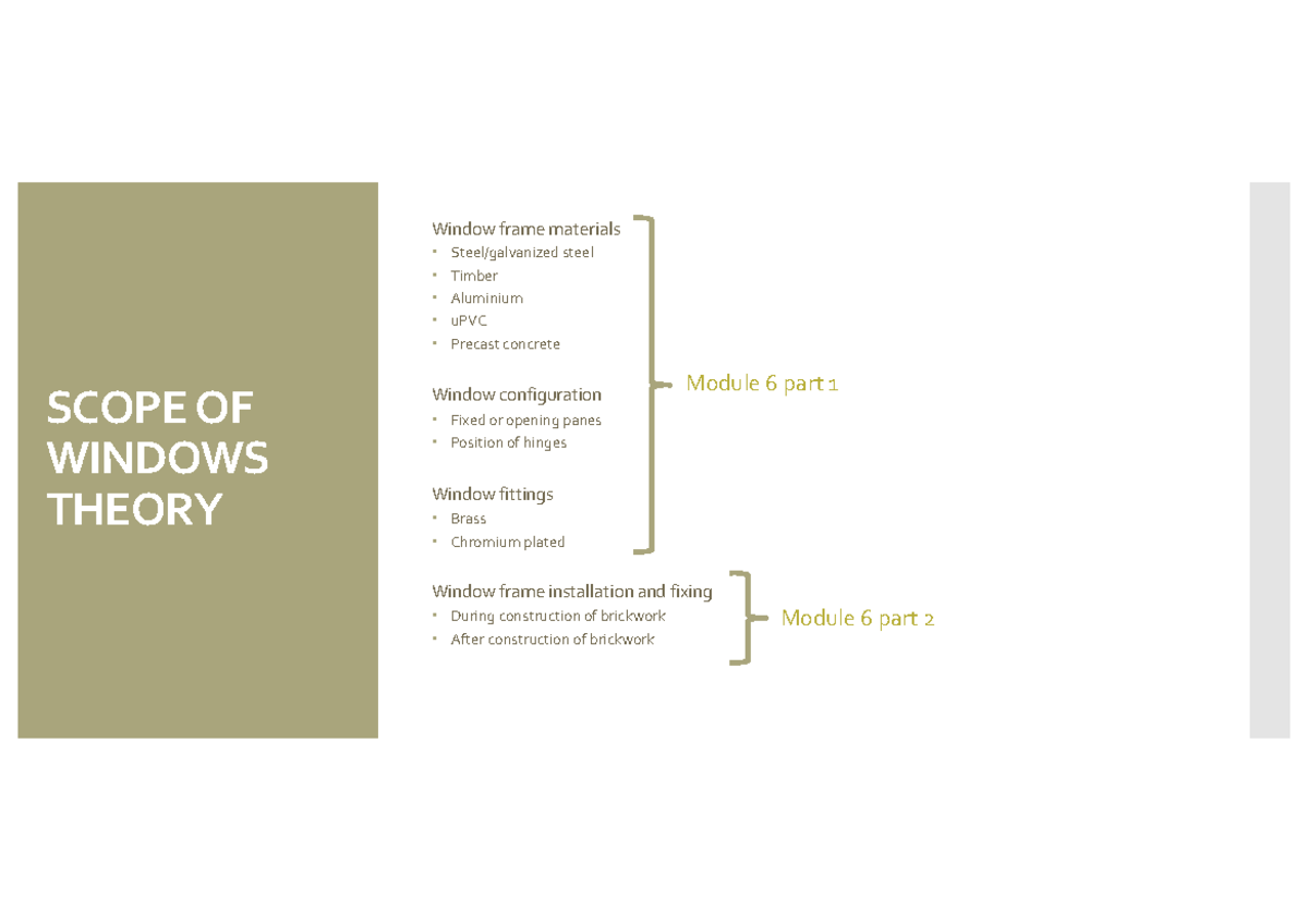 Module 6 Part 3 - Windows continued - SCOPE OF WINDOWS THEORY Window frame materials - Studocu