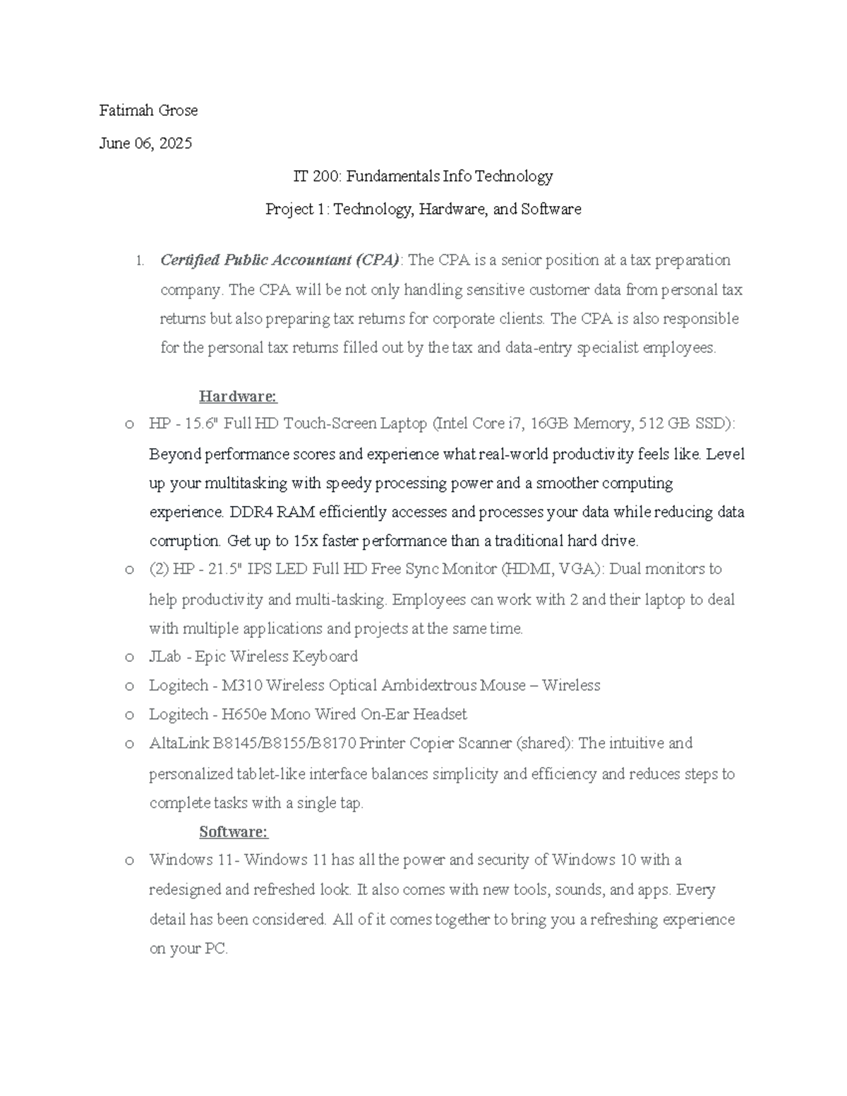 IT 200: Project 1 - Overview of Technology, Hardware, and Software ...