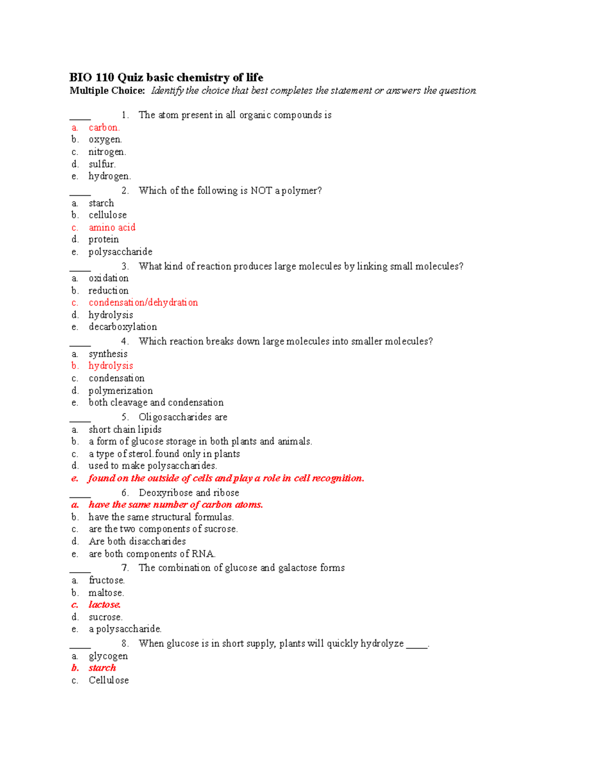 BIO 110 Quiz: Basic Chemistry of Life and Cell Structure - Studocu