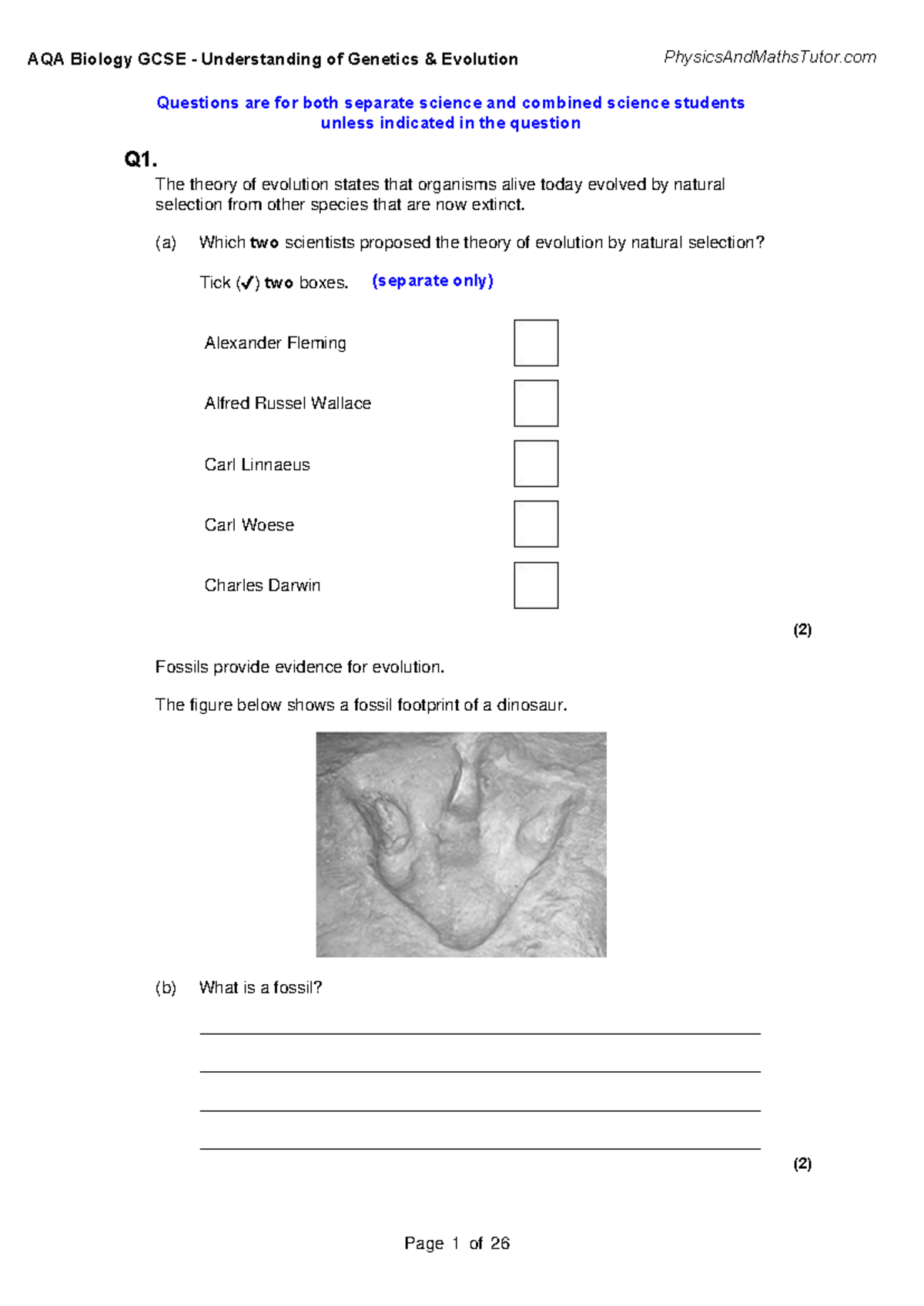 AQA Biology GCSE 6.3 Understanding of Genetics & Evolution QP - Studocu