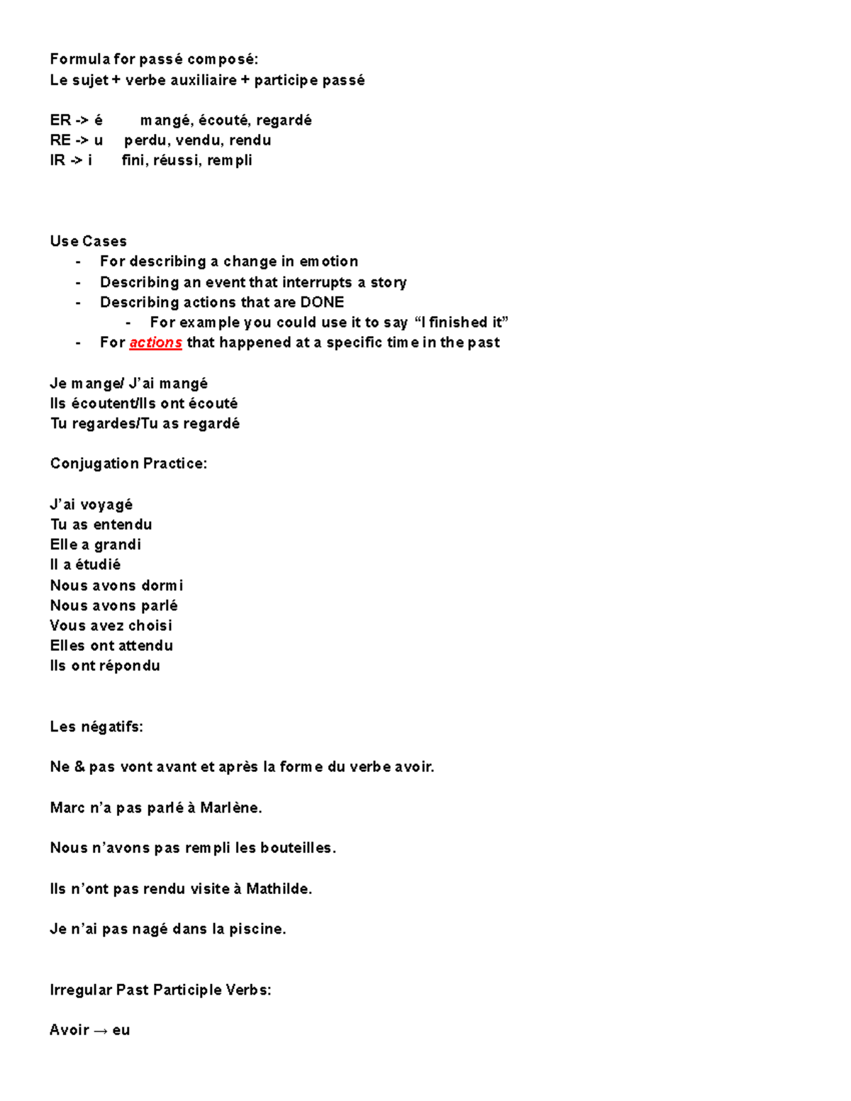 French Passe Compose Notes - Formula for passé composé: Le sujet ...