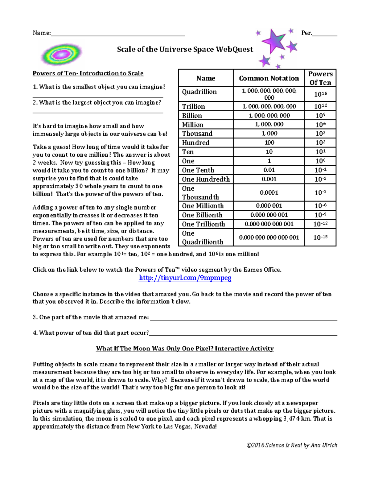 Scale of the Universe WebQuest (SCI 101) - Student & Teacher Guide ...