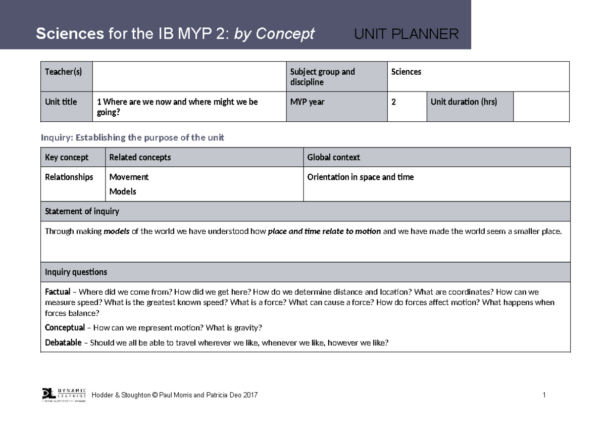 MYP2 Sci 00400 - Unit Planner: Understanding Motion and Forces - Studocu