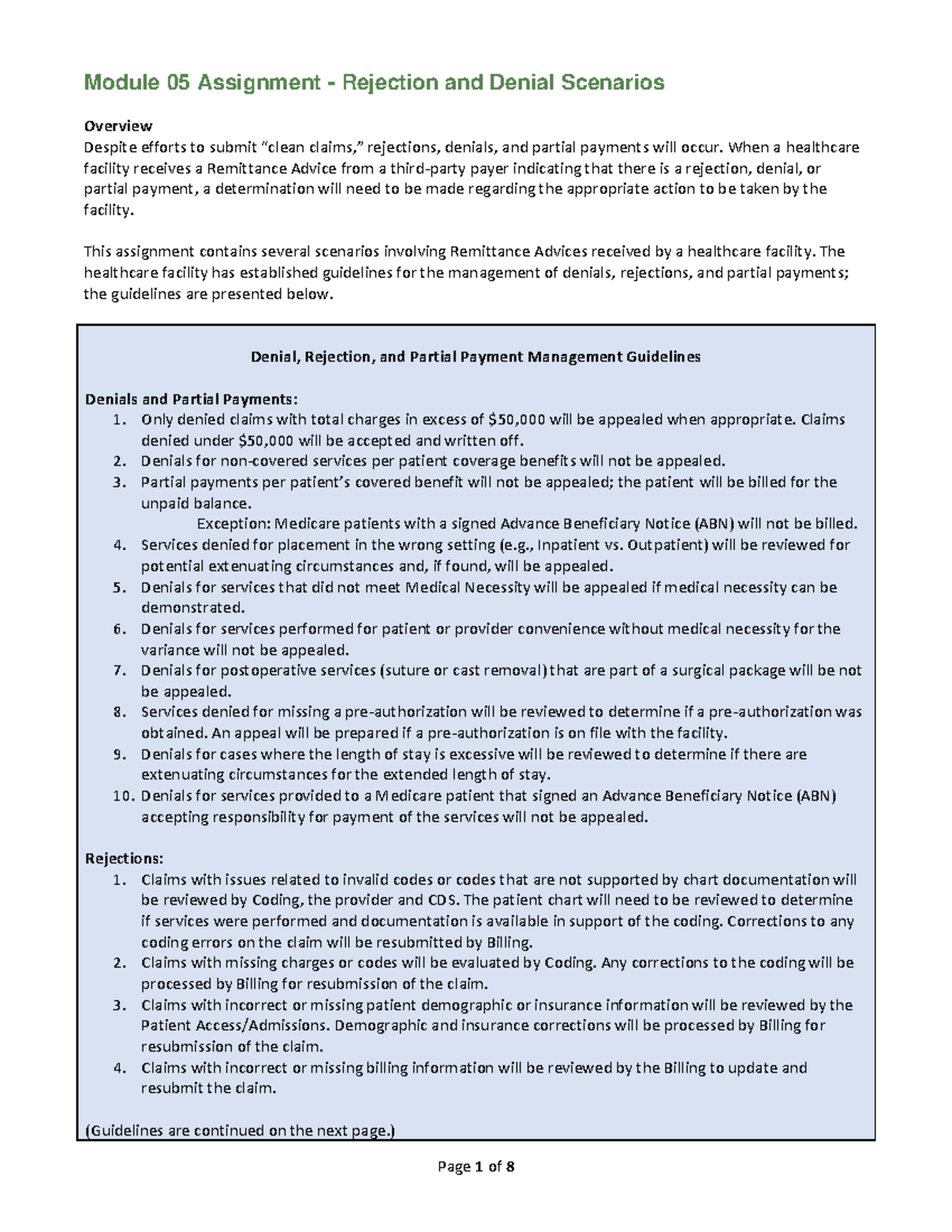 HIM1103 Module 05 Worksheet: Understanding Rejections & Denials - Studocu