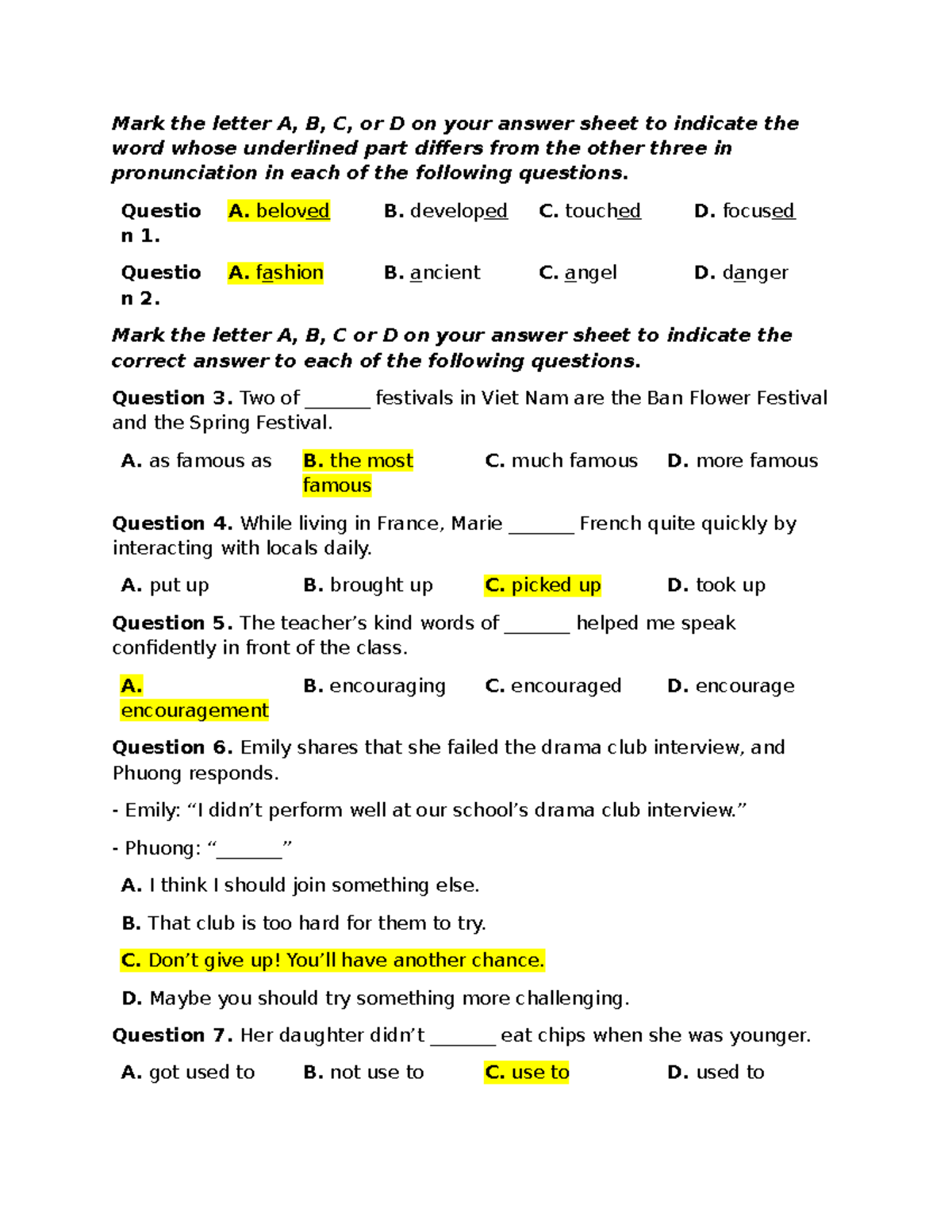 Pronunciation and Grammar Practice Questions for English Test (ENG101 ...