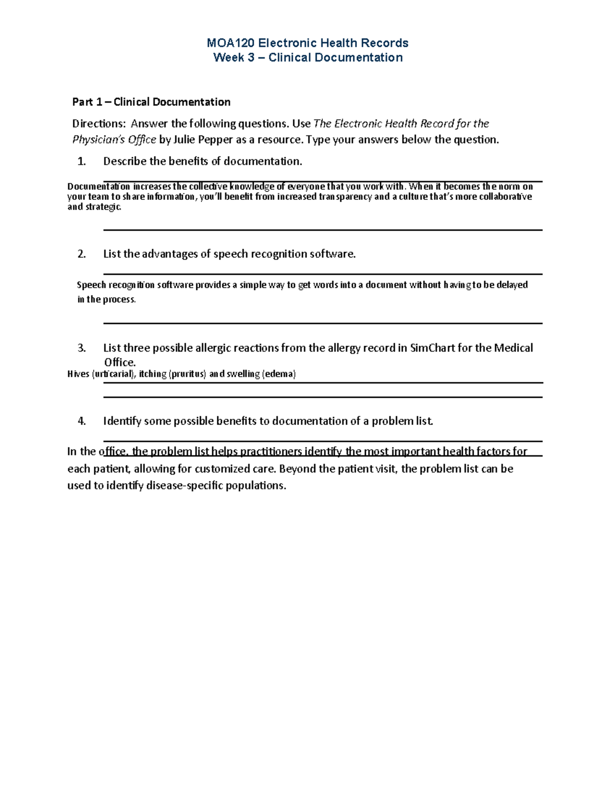 MOA120 Week 3 Assignment: Clinical Documentation in EHR - Studocu
