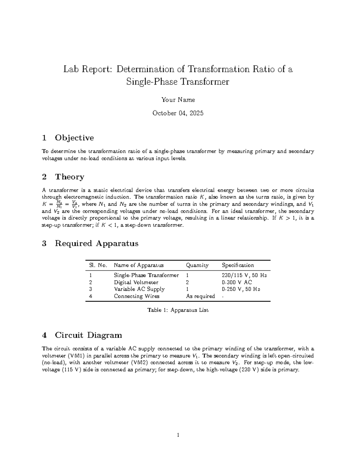 Exp-10 Lab Report: Transformation Ratio of a Single-Phase Transformer - Studocu