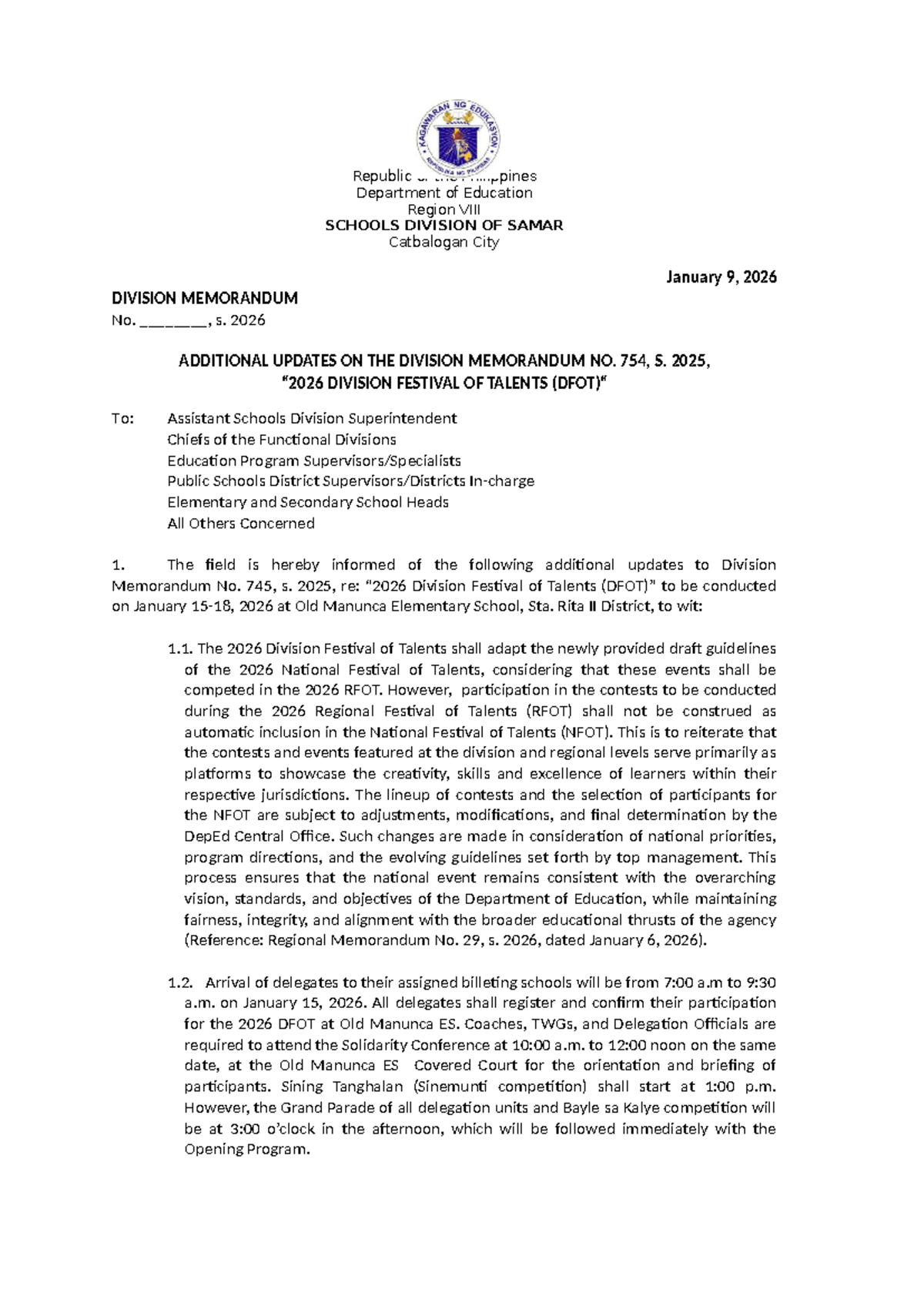 Division Memo No. 2026: Updates for the 2026 DFOT Event - Studocu