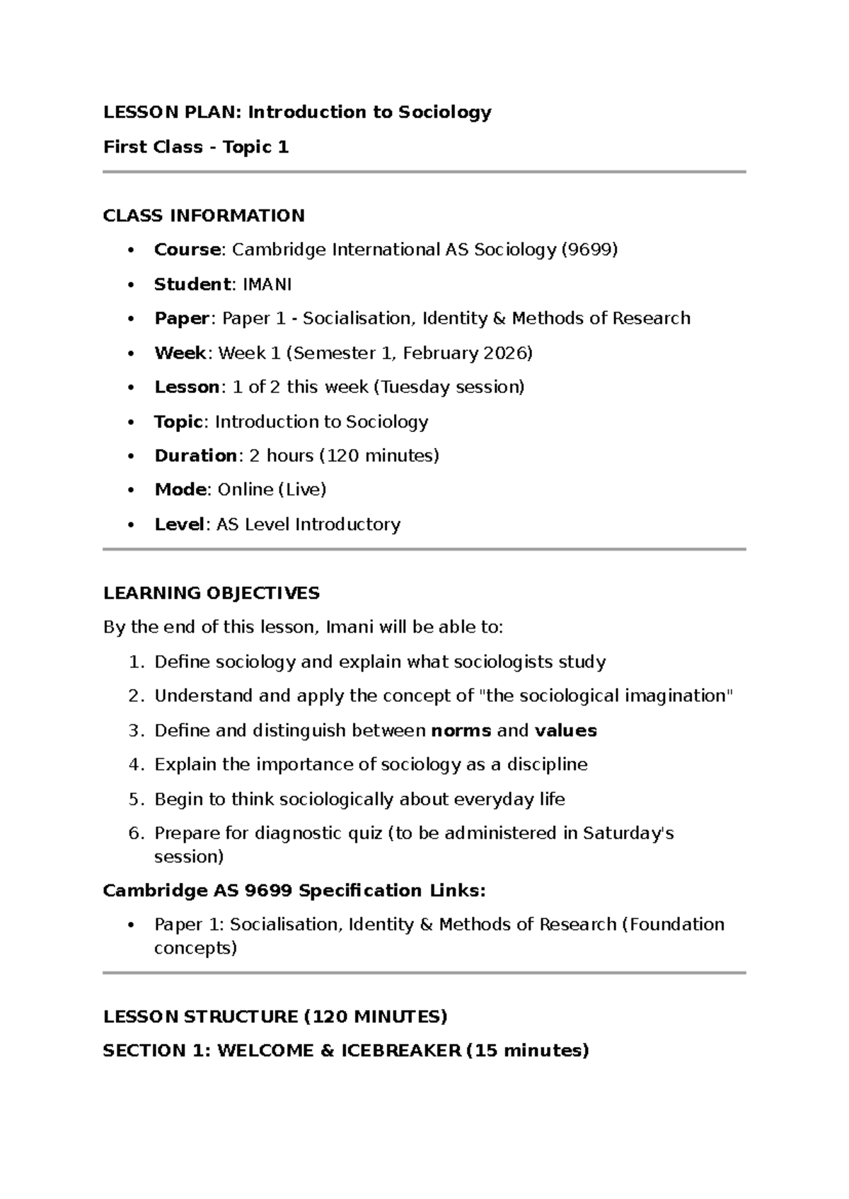 LESSON PLAN: Intro to Sociology - Cambridge AS 9699 (Week 1) - Studocu