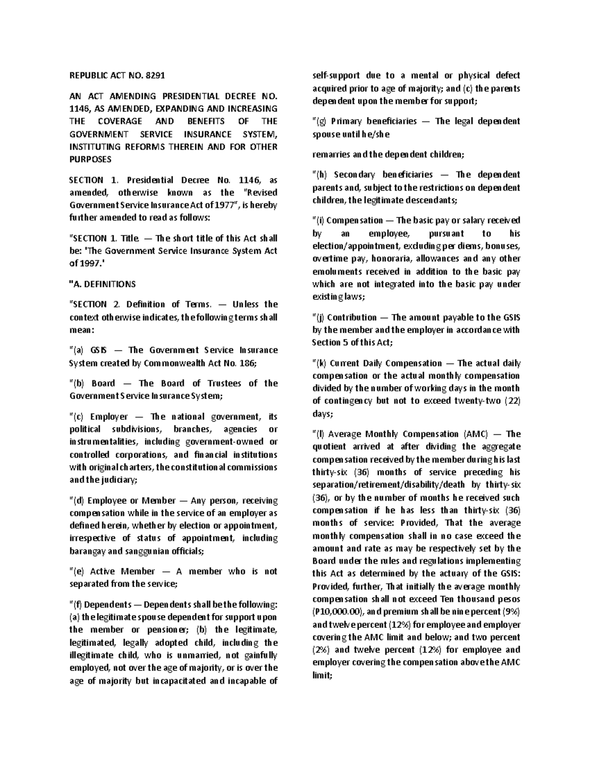 GSIS Law: Comprehensive Overview and Key Provisions of RA 8291 - Studocu