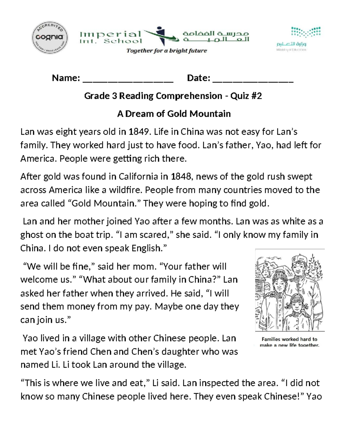 Grade 3 Reading Comprehension Quiz: A Dream of Gold Mountain - Studocu