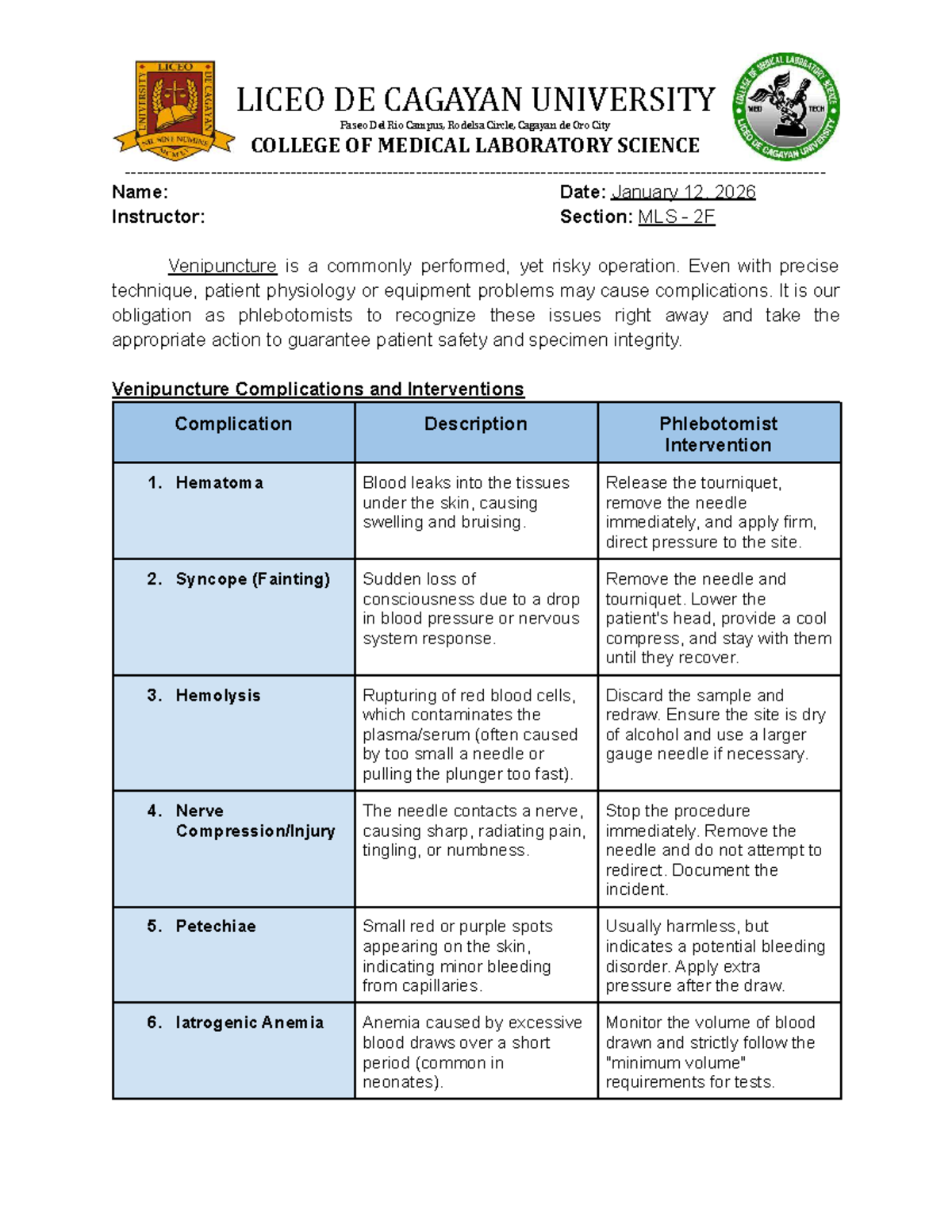 MLS 2F: Venipuncture Complications & Interventions Overview - Studocu