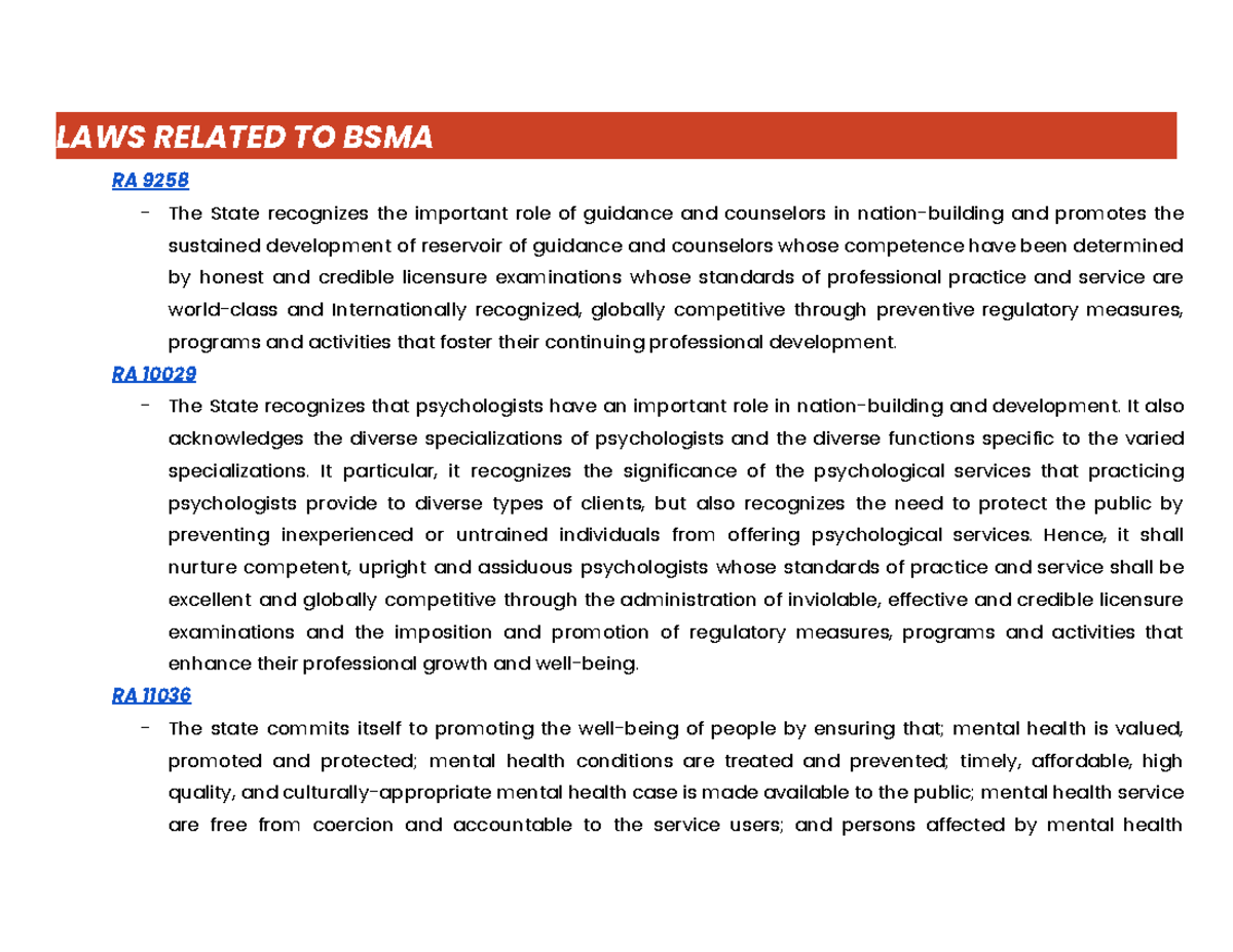BSMA Reviewer - Paralaya - LAWS RELATED TO BSMA. RA 9258 The State ...