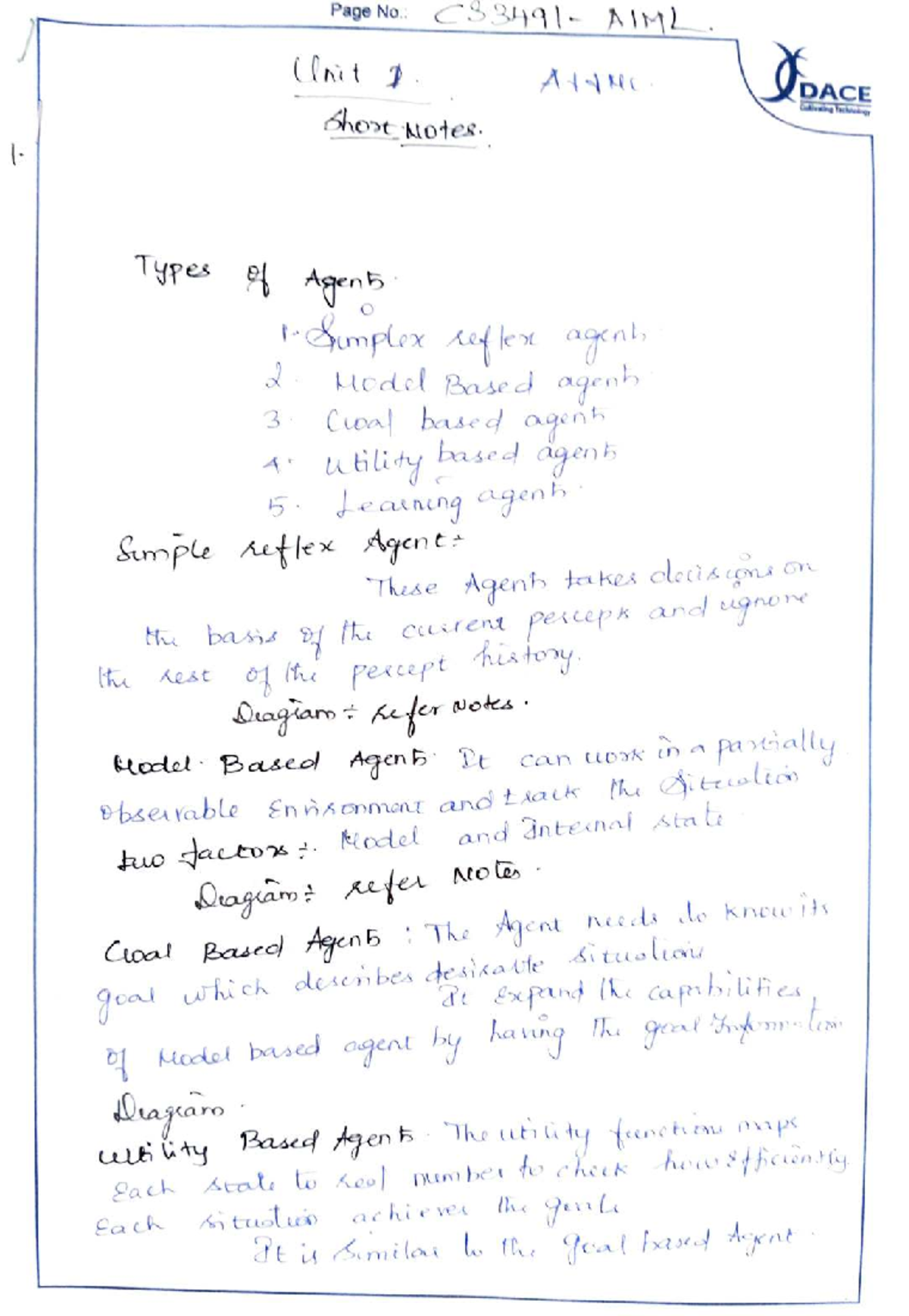 AIML 3491 Short Notes on Model-Based Agents and Learning Techniques ...