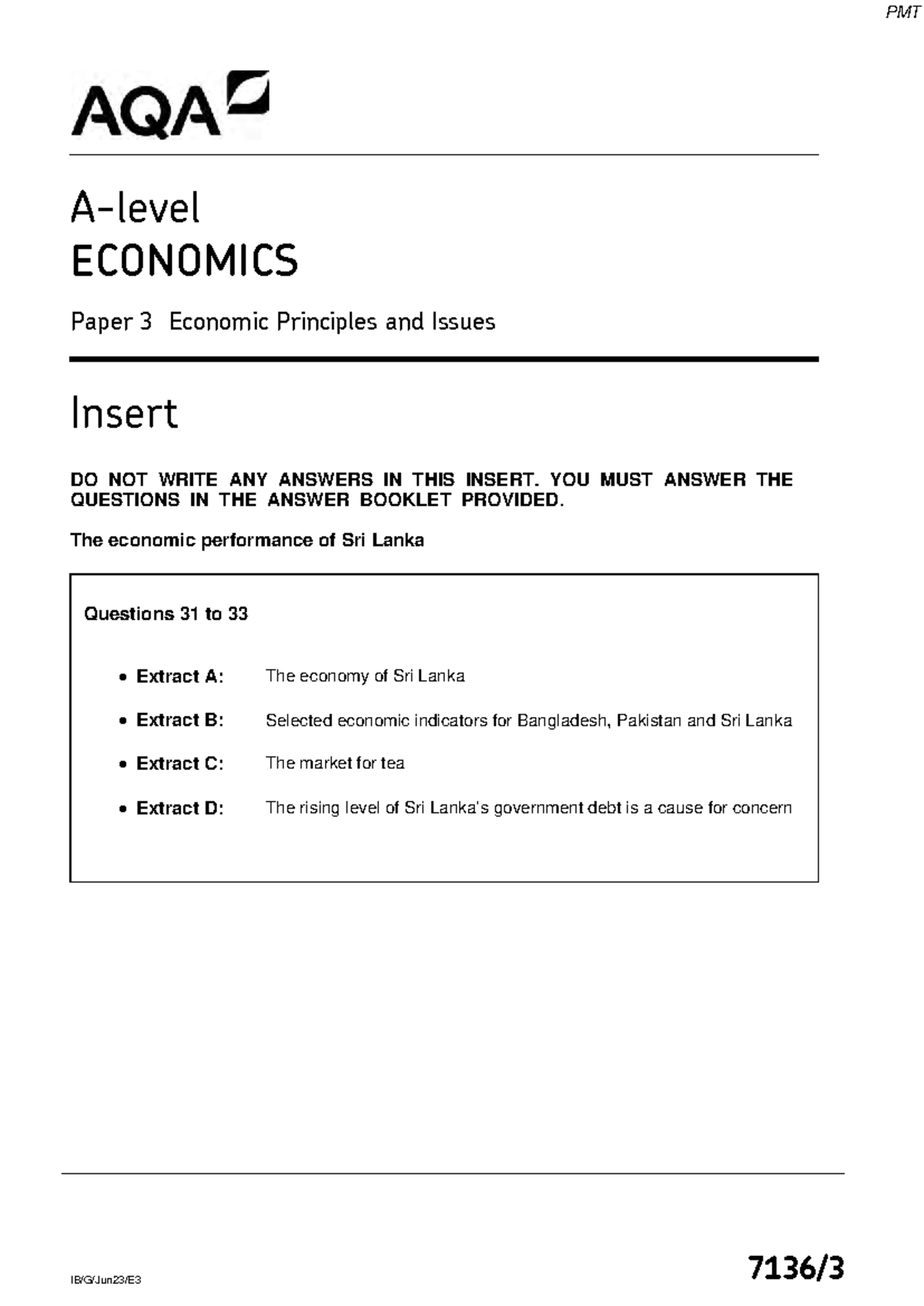 PMT ECONOMICS Paper 3: Economic Principles & Issues on Sri Lanka - Studocu