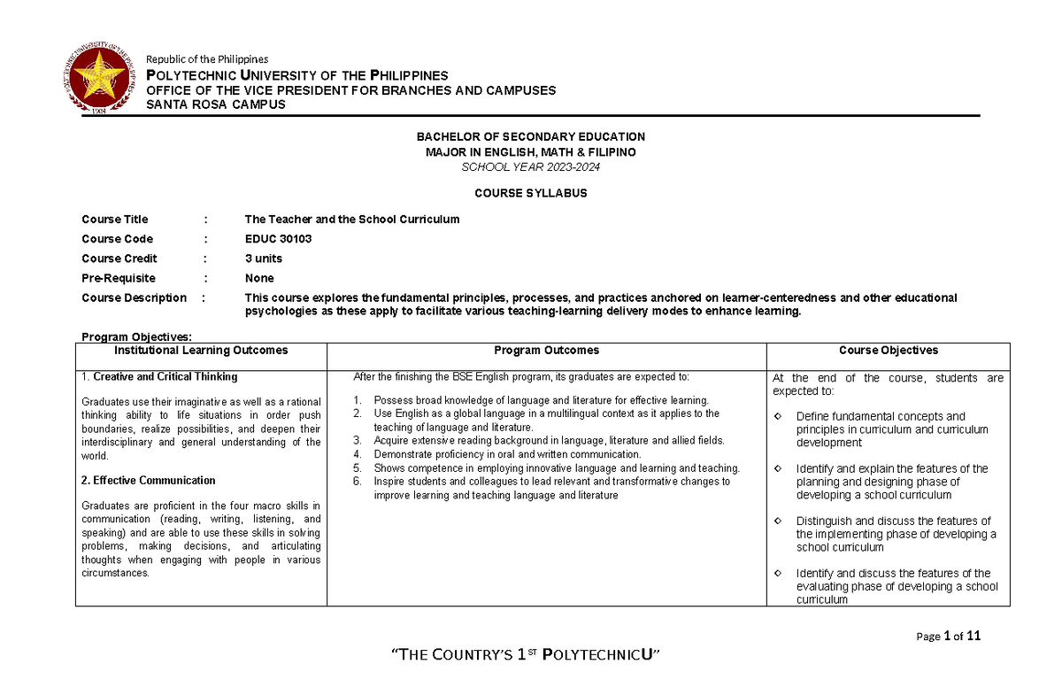 EDUC 30103 Syllabus: The Teacher and the School Curriculum - Studocu