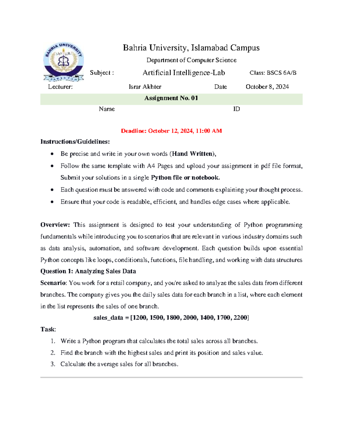 AI-Lab-Fall24-Assignment-1-08102024-102122 am - Bahria University, Islamabad Campus Department ...