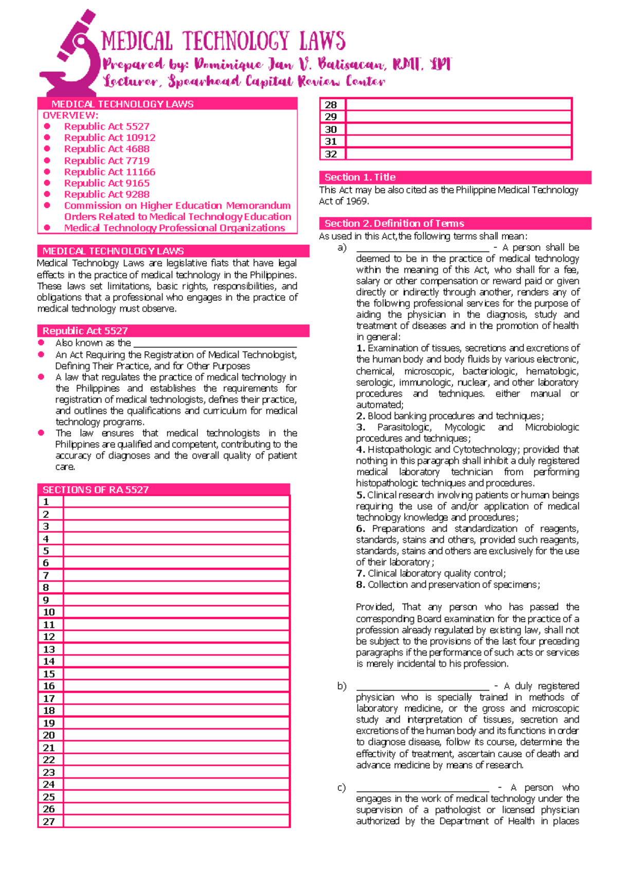 MEDICAL TECHNOLOGY LAWS OVERVIEW: RA 5527, 10912, 4688, 7719, 9165, 9288 - Studocu