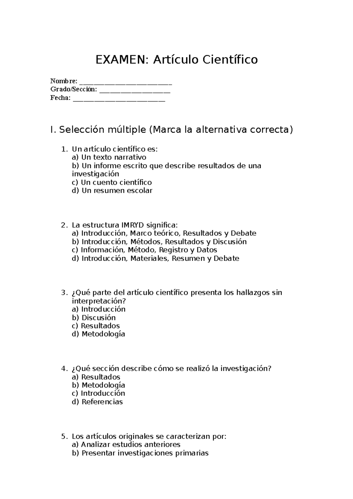 Examen: Artículo Científico - Selección Múltiple y Verdadero/Falso ...
