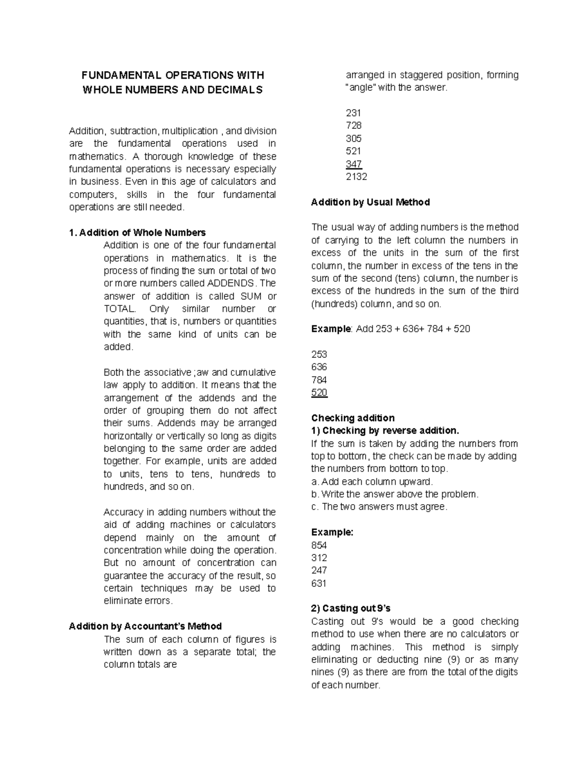 Fundamental Operations with Whole Numbers & Decimals - GE04 - Studocu