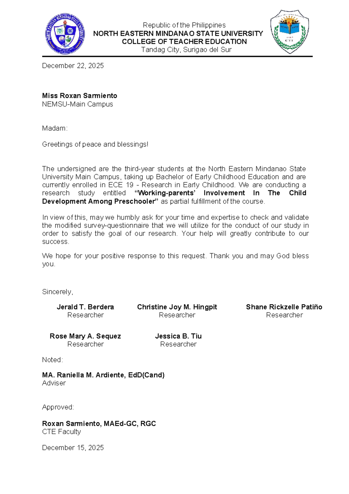 ECE 19 Research: Validator Letters on Child Development Study - Studocu