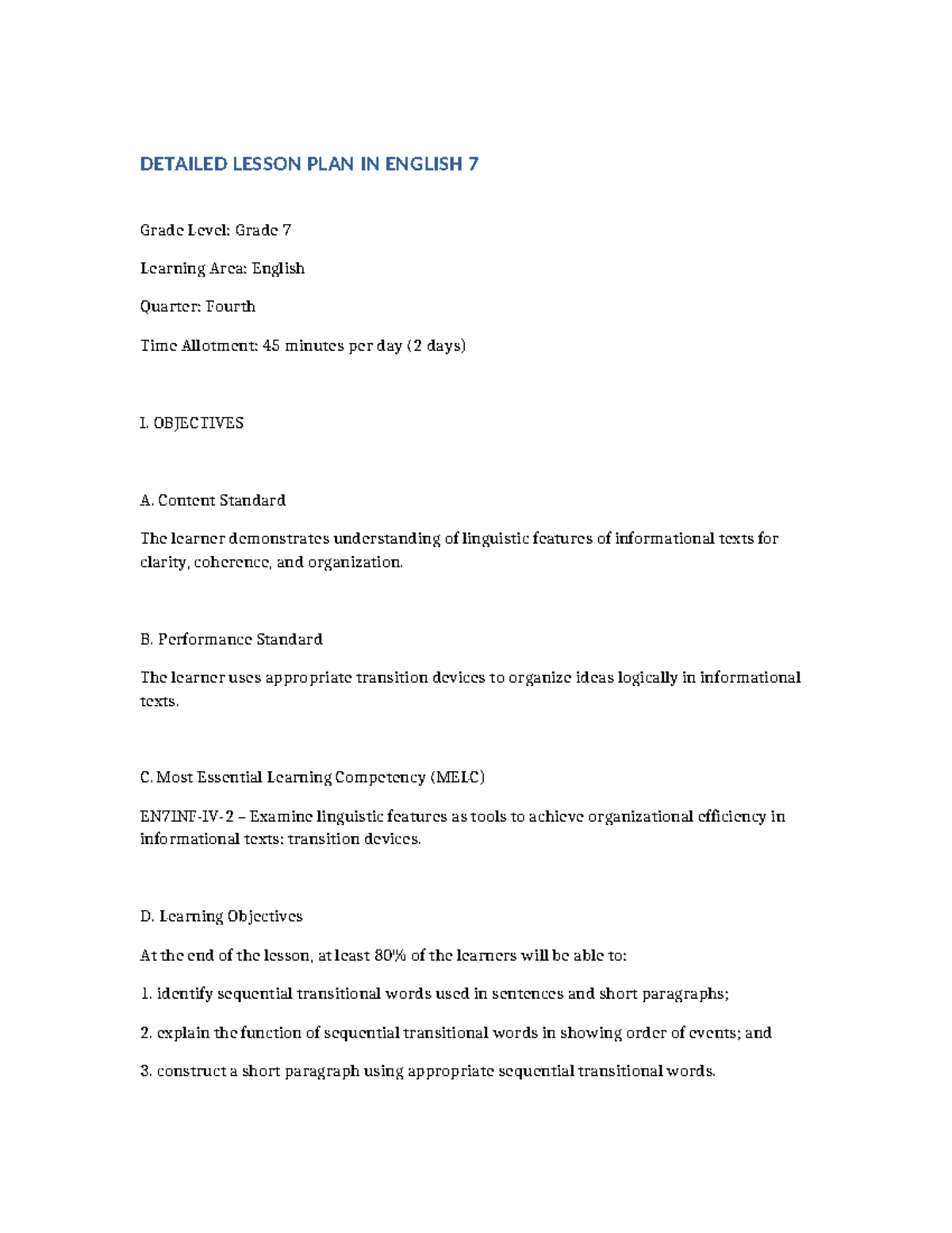 LP1: Detailed Lesson Plan on Sequential Transitional Words for Grade 7 ...