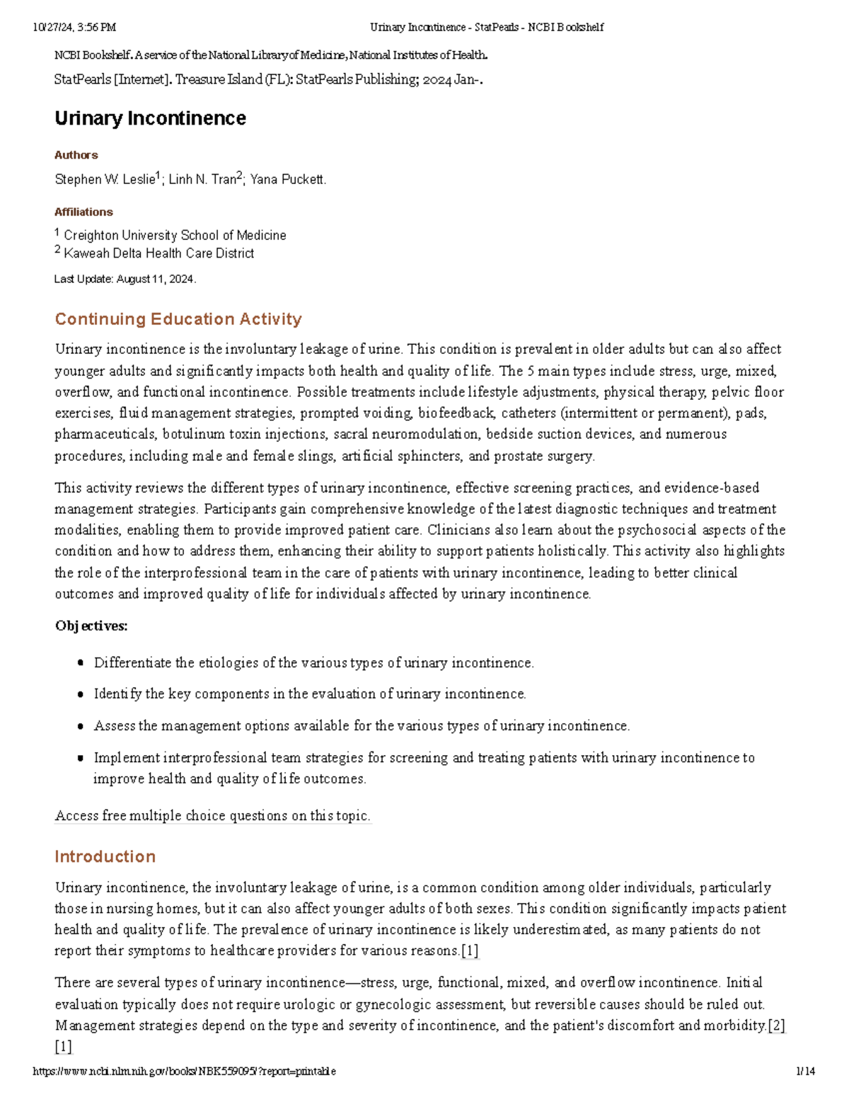 EBP: Urinary Incontinence Overview and Management Strategies - Studocu