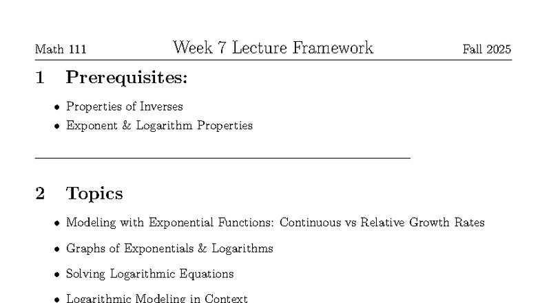 Math 1 Week 7 Lecture Notes: Exponential & Logarithmic Functions Fall ...