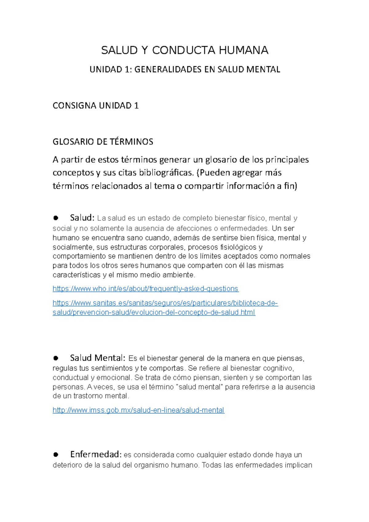 Conducta y salud - SALUD Y CONDUCTA HUMANA UNIDAD 1: GENERALIDADES EN SALUD MENTAL CONSIGNA ...