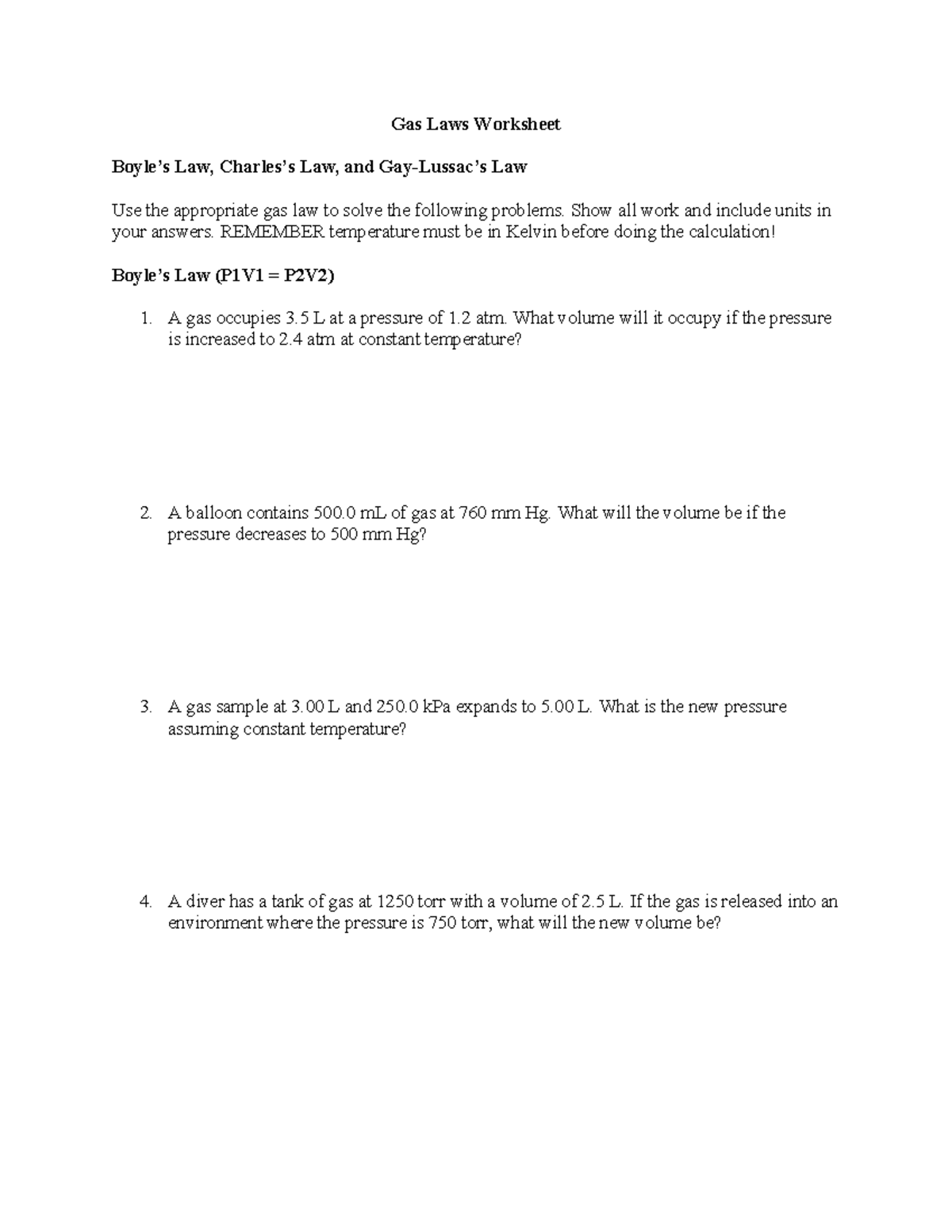 Mixed Gas Laws Worksheet: Practice Problems for PHYS 101 - Studocu