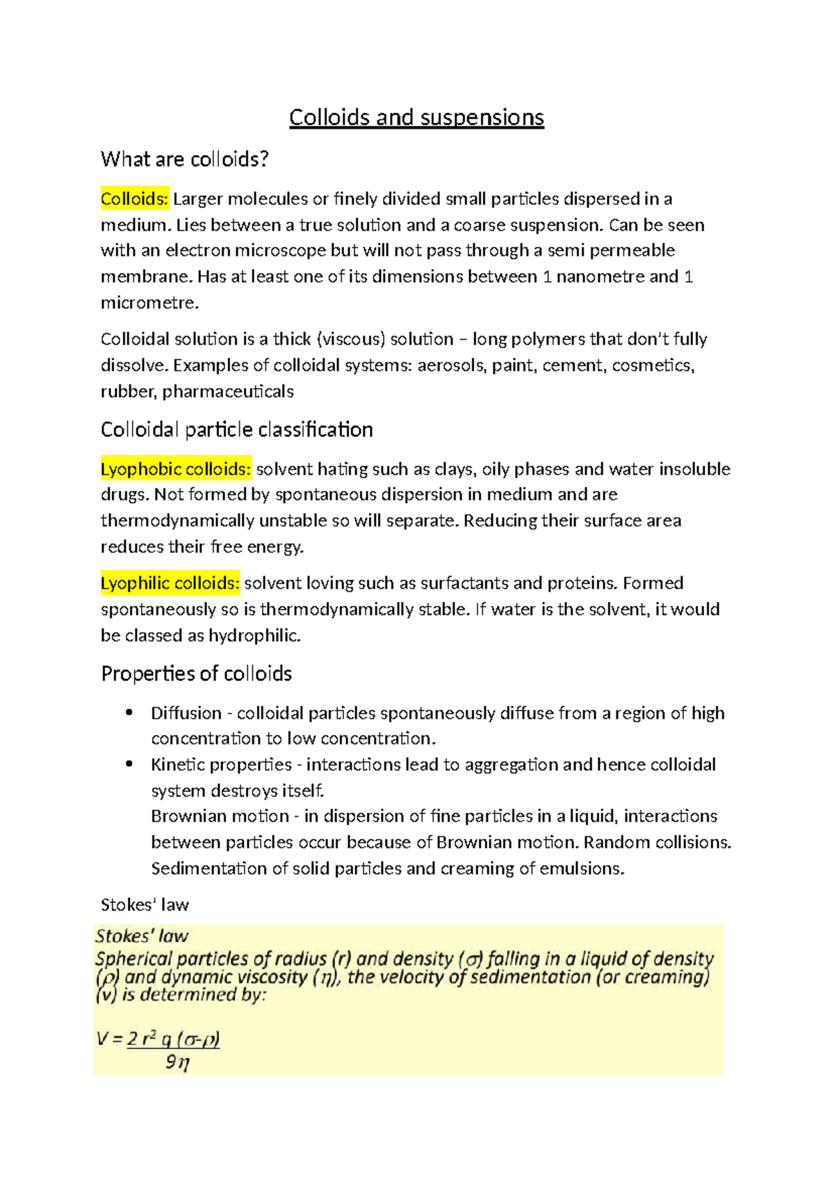 Colloids and Suspensions: Key Concepts and Classifications - Studocu