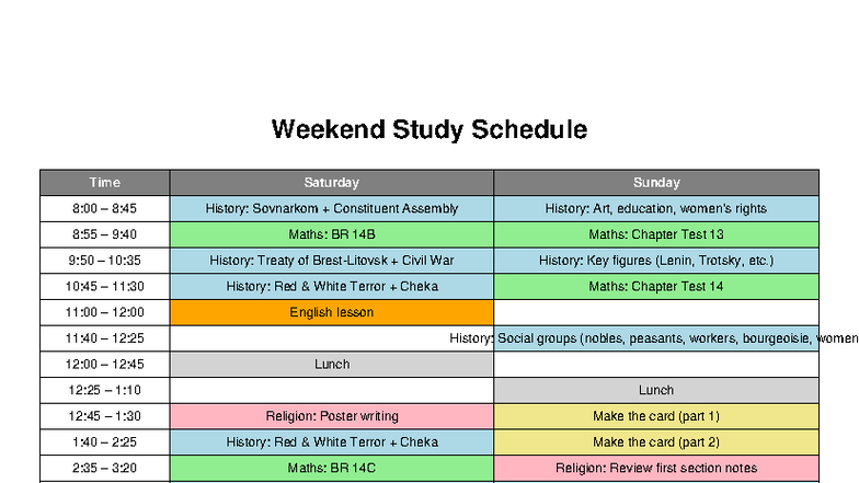 Weekend Study Schedule: History, Maths & Religion Sessions - Studocu