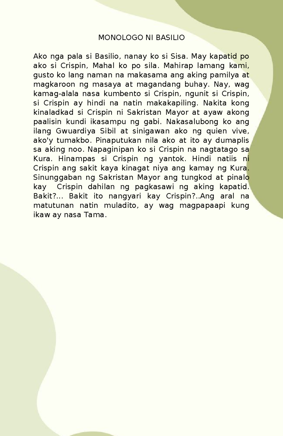 NOLI ME TANGERE - Monologo ni Basilio at Ibang Tauhan - Studocu