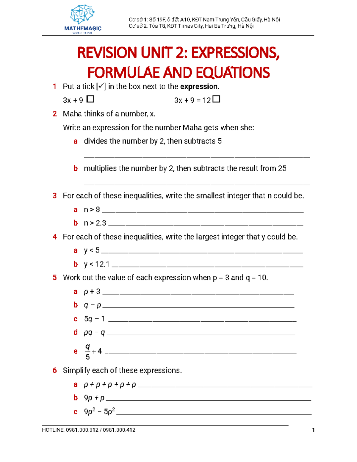 Revision Unit 2: Expressions, Formulae & Equations Guide - Studocu