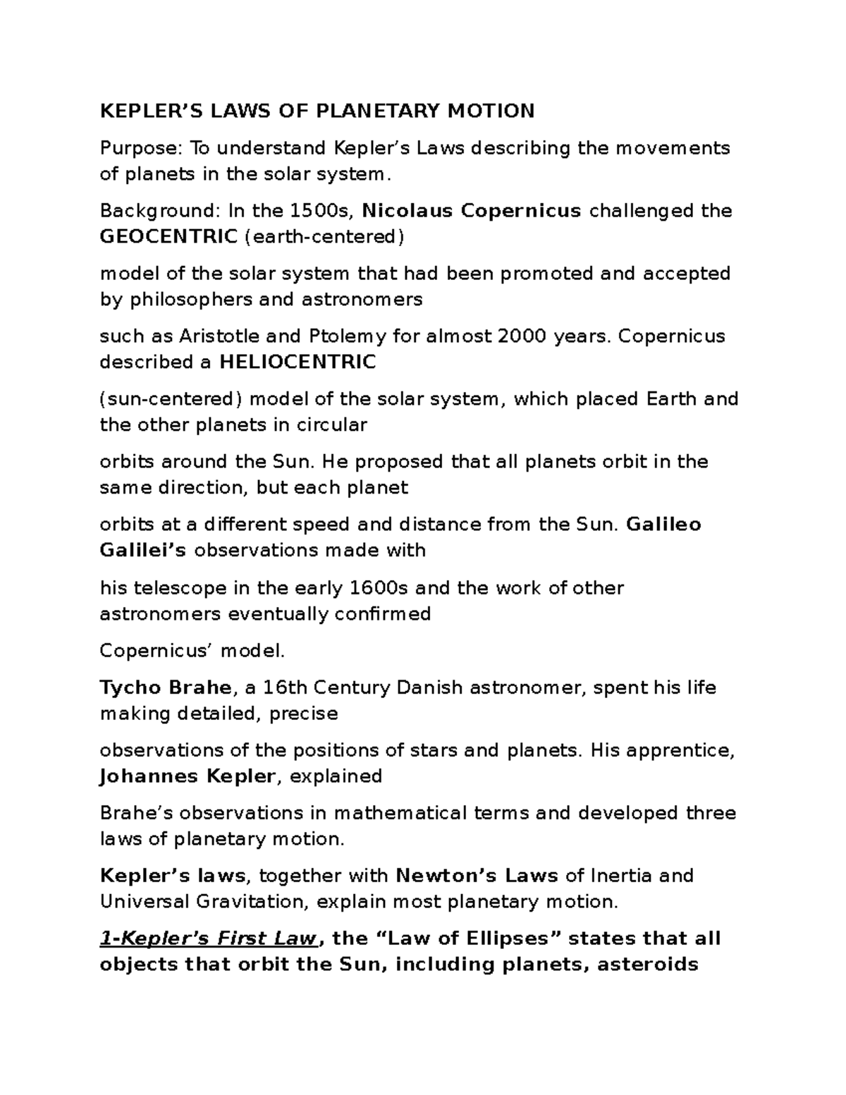 LAWS OF PLANETARY MOTION: Kepler's Three Laws Explained (222222) - Studocu