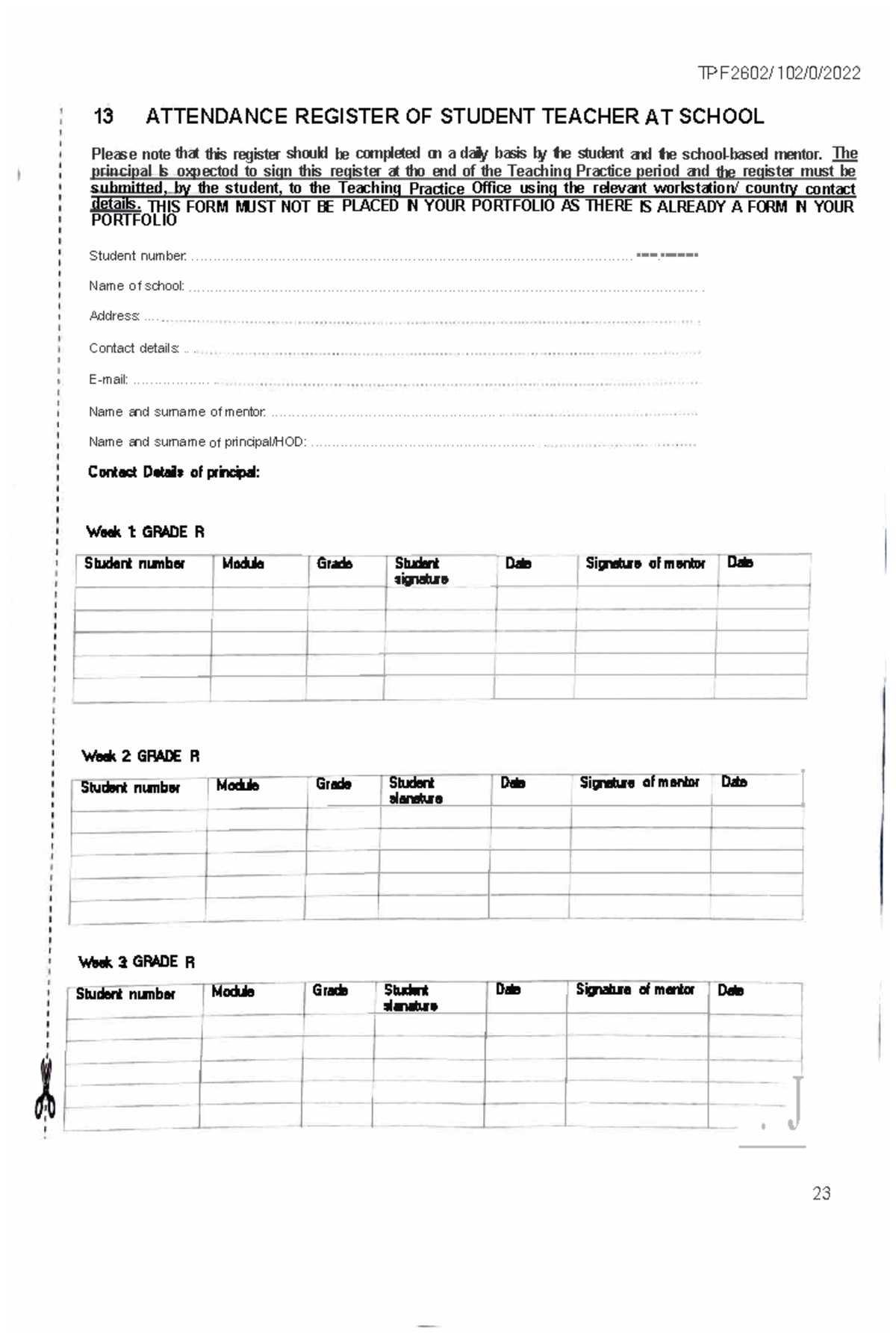 TPF2602 - Daily Attendance Register for Teaching Practice Students ...