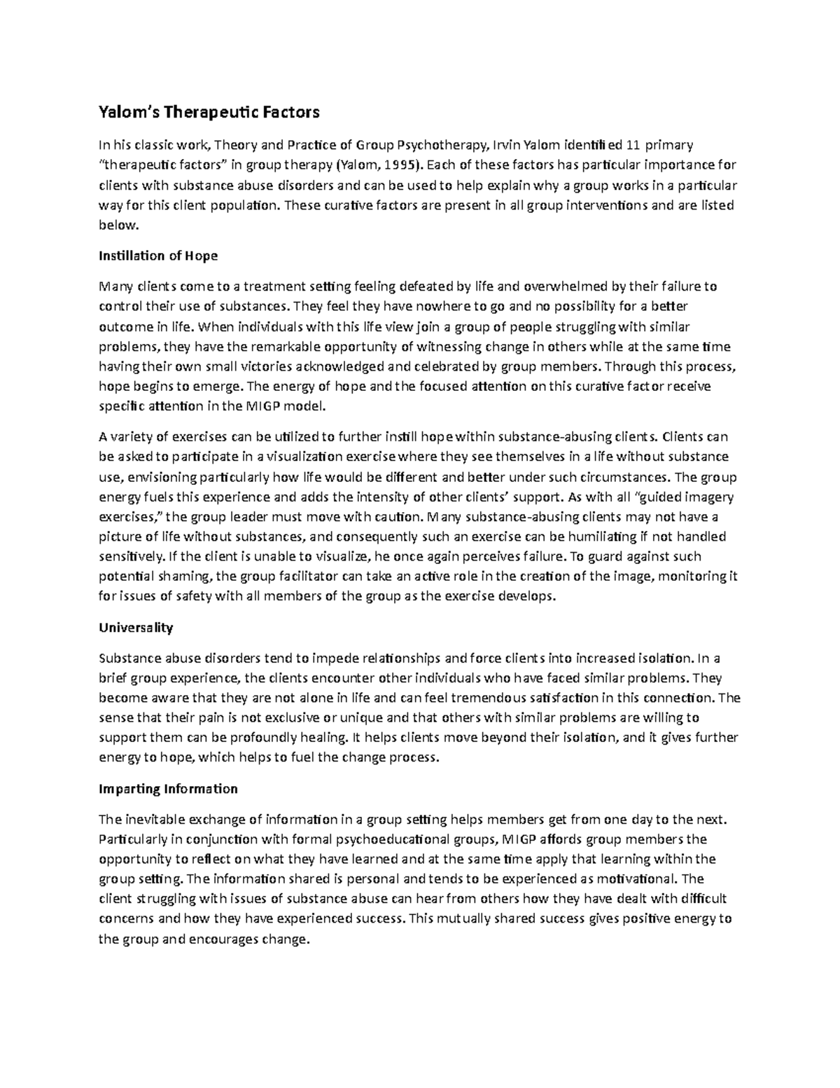 Yalom's Curative Factors in Group Therapy for Substance Abuse - Studocu