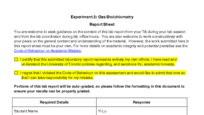 CHM135 Lab 2: Gas Stoichiometry Experiment Report Sheet - Studocu
