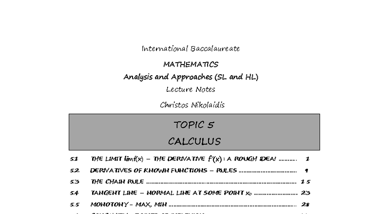International Baccalaureate Mathematics (SL/HL) Lecture Notes: Topic 5 ...