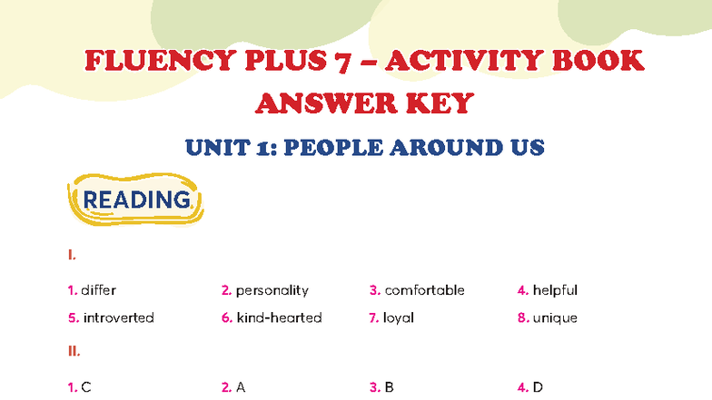 Fluency Plus 7 Activity Book Answer Key: Unit 1 - People Around Us ...