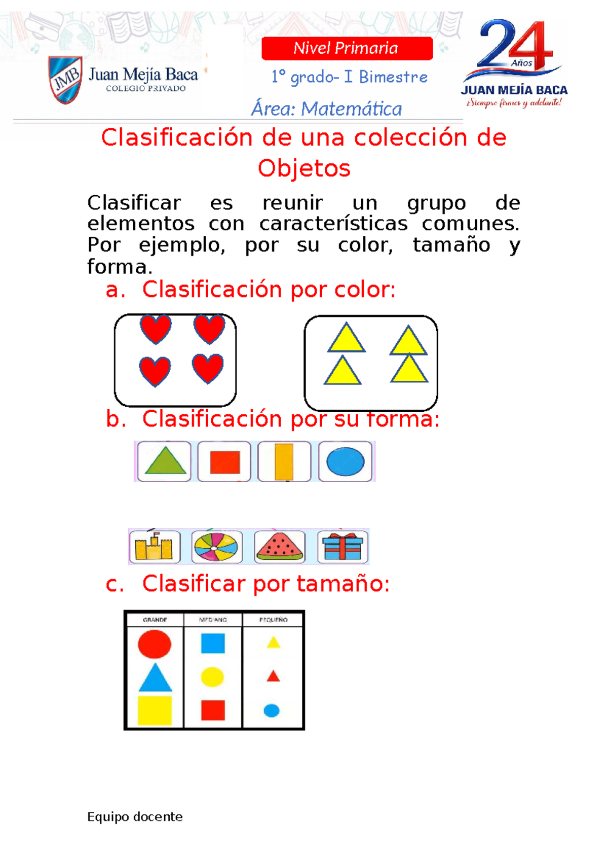 Ficha- Clsificacion de cobjetos - Área: Matemática 1° grado- I Bimestre ...